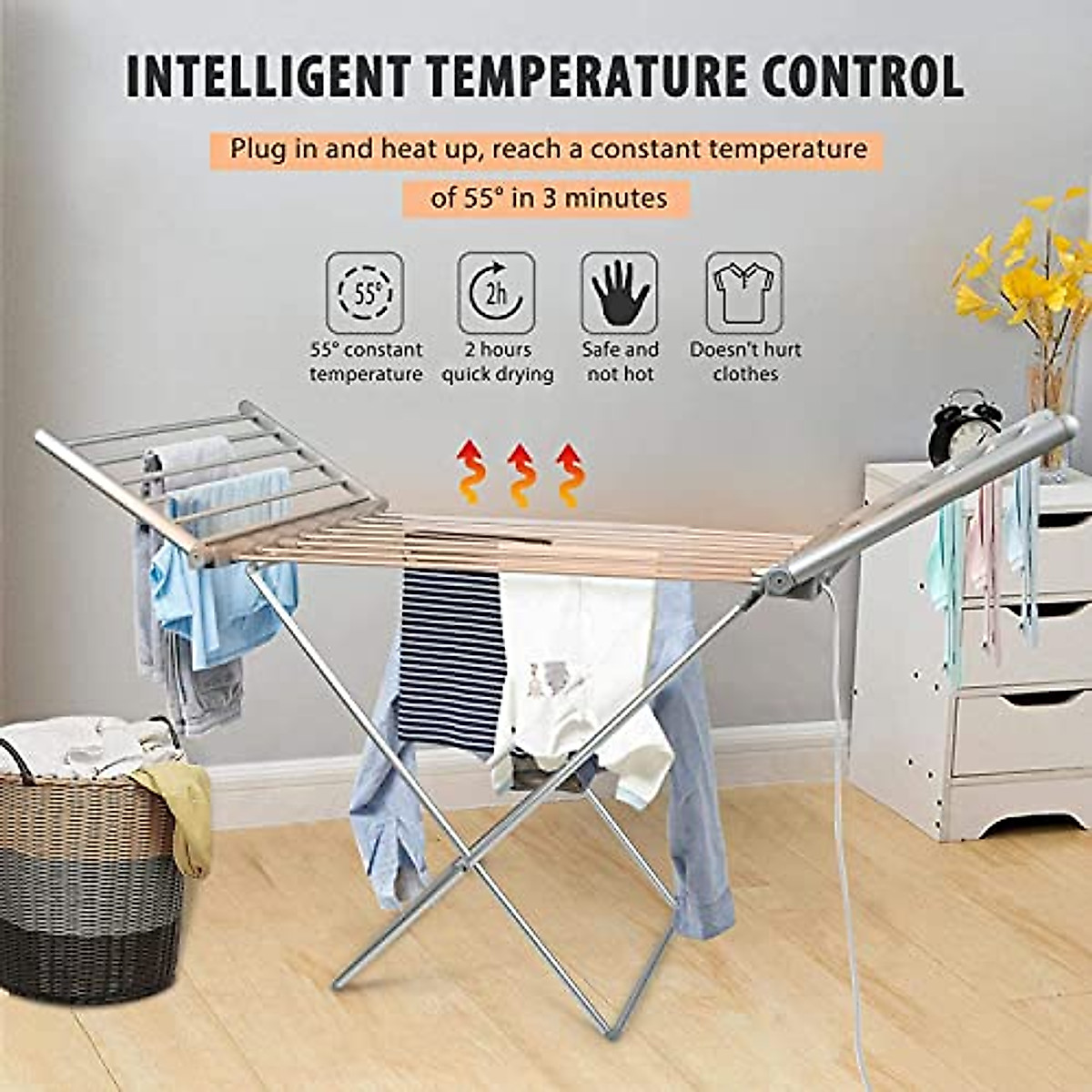 tonchean Heated Drying Rack Folding Electric Clothes Drying Rack, Collapsible Laundry Drying Rack, Free-Standing Heating Garment Dryer Towel Rail Space Saving for Home Indoor/Outdoor