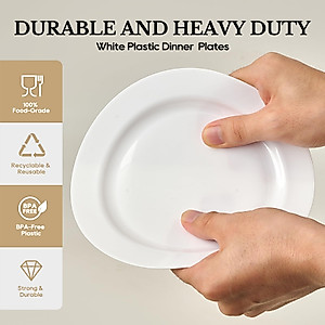 FOCUSLINE 100 Count White Plastic Plates 10 Inch, Disposable Heavy Duty Plastic Dinner Plates- Premium Hard Plastic Plates Fancy Disposable White Plates for Weddings, Parties and Events
