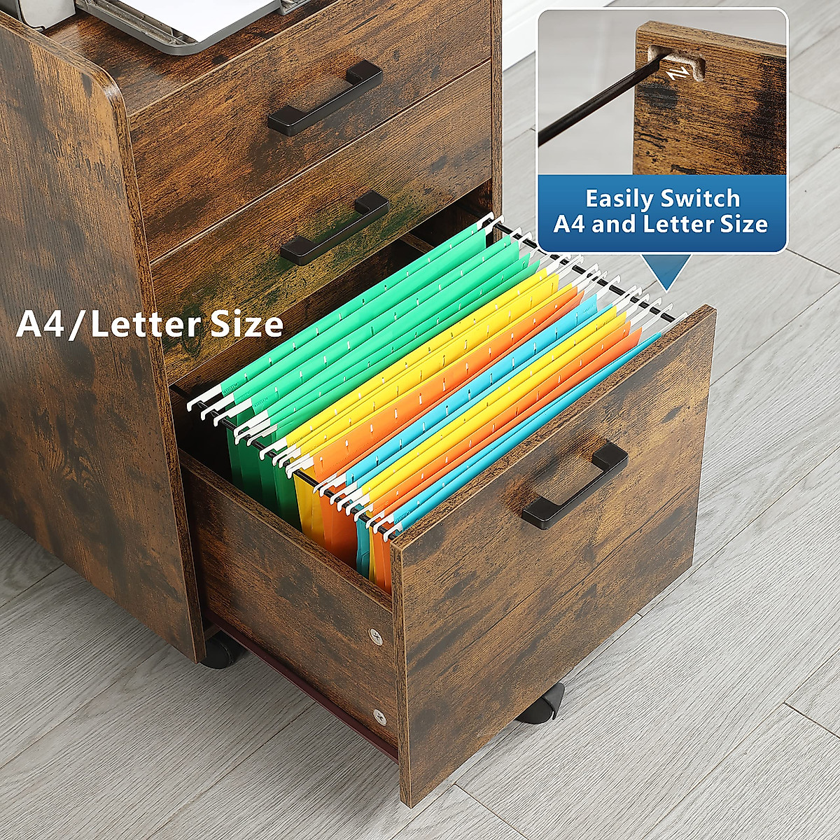 Kavonty File Cabinet, Mobile Office Cabinet with 2 Small Fabric Drawers and 1 Large Drawer,for A4, Letter Size, Hanging File Folders, Rustic Brown and Black