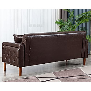 Aoowow Faux Leather Sofas and Couches 78 Inches Long, Mid Century Modern Couch Tufted Back Sofa with 2 Throw Pillows, Armrest and Wooden Legs for Living Room, Apartment, Bedroom (Brown)