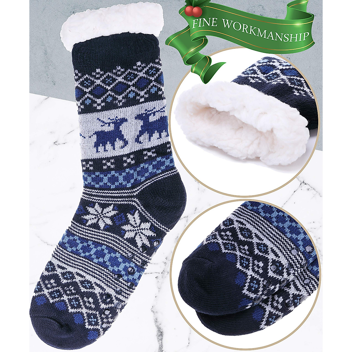 EBMORE Mens Slipper Fuzzy Socks Fluffy Winter Cabin Cozy Warm Soft Fleece Thick Comfy Christmas Gift Stocking Stuffers with Grips(Blue Deer)