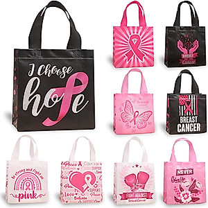 Carriecur 30 pcs Non-Woved Never Give Up Pink Ribbon Paper Bags Breast Cancer Awareness Gift Bags with Handle Pink Ribbon Goodie Bags for Women Breast Cancer Awareness Party Supplies