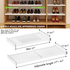 SlimmKISS Expandable Closet Tension Shelves Organizers, Adjustable Shelf for Cabinet Rack Storage Wardrobe Divider Shelving for Pantry 2 Pack (Perforated White,W11.81 x L: 17" to 31")
