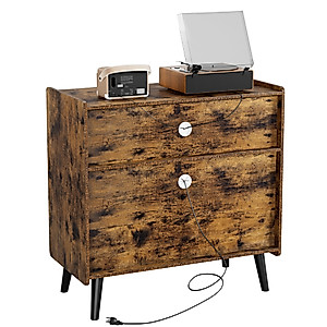 miadore Record Player Stand, Vinyl Records Storage Cabinet Display Shelf with Power Outlet, Turntable Stand Mid-Century Record Player Table with Wood Legs for Living Room,Bedroom,Office