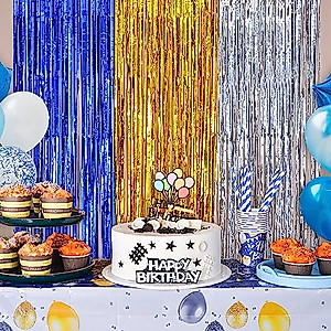 LOLStar 2 Pack Navy Blue Gold and Silver Party Decorations 3.3X6.6 ft Each Foil Fringe Tinsel Curtains Backdrop, Streamers - Perfect for Birthdays, Showers, Retirement， Graduations, Weddings