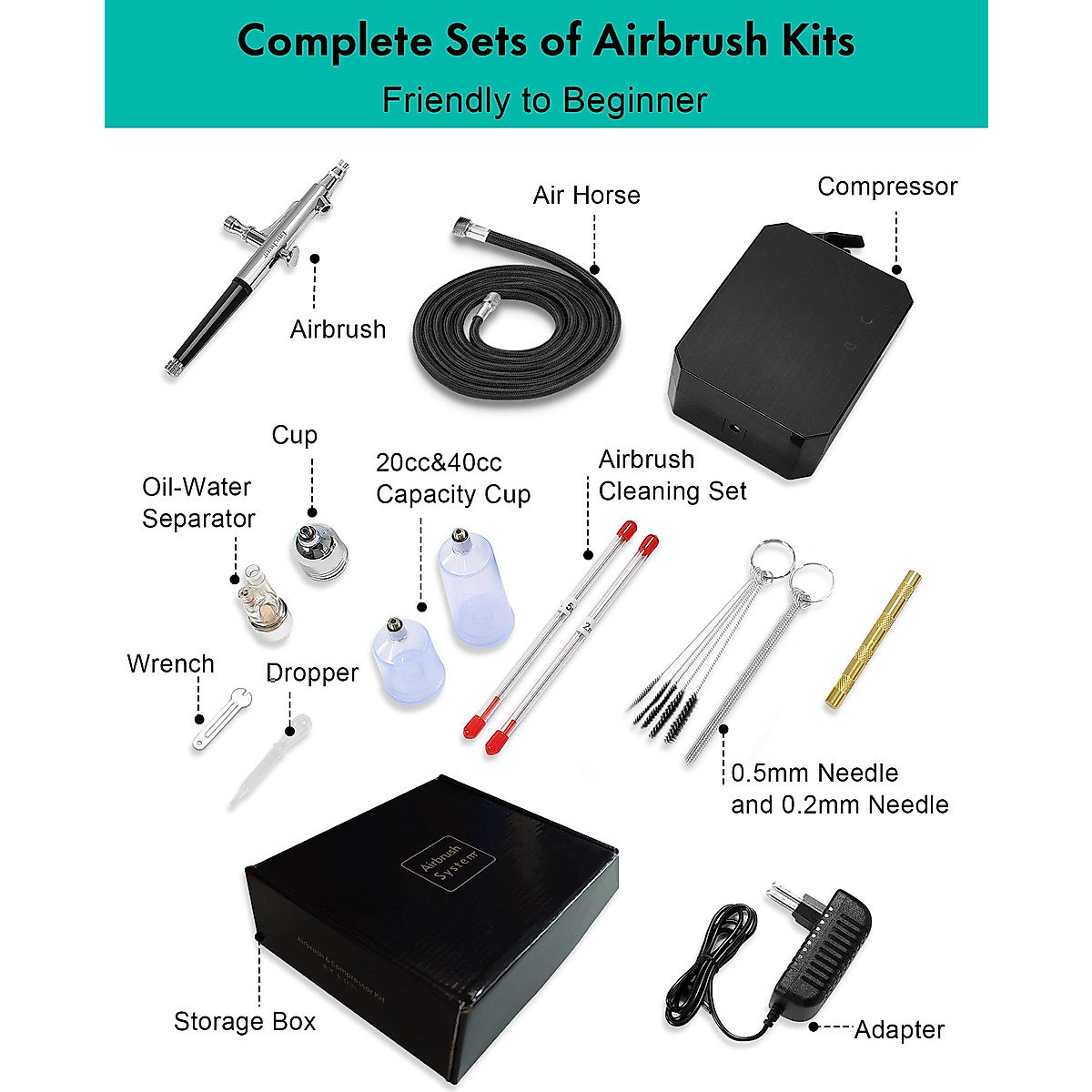 Gocheer Airbrush Kit with Air Compressor, 48 PSI High Pressure Air Brush Non-Clogging with 0.2/0.3/0.5mm Nozzle/Cleaning Sets, Ideal for Painting, Modeling, Cake Decor, Pastry, Makeup, Nail Art Black.