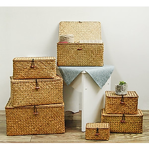 FEILANDUO Wicker Shelf Baskets with Lids, Seagrass Storage Baskets Bins Rectangular Woven Baskets Boxes for Organizing Home Decor Set of 3