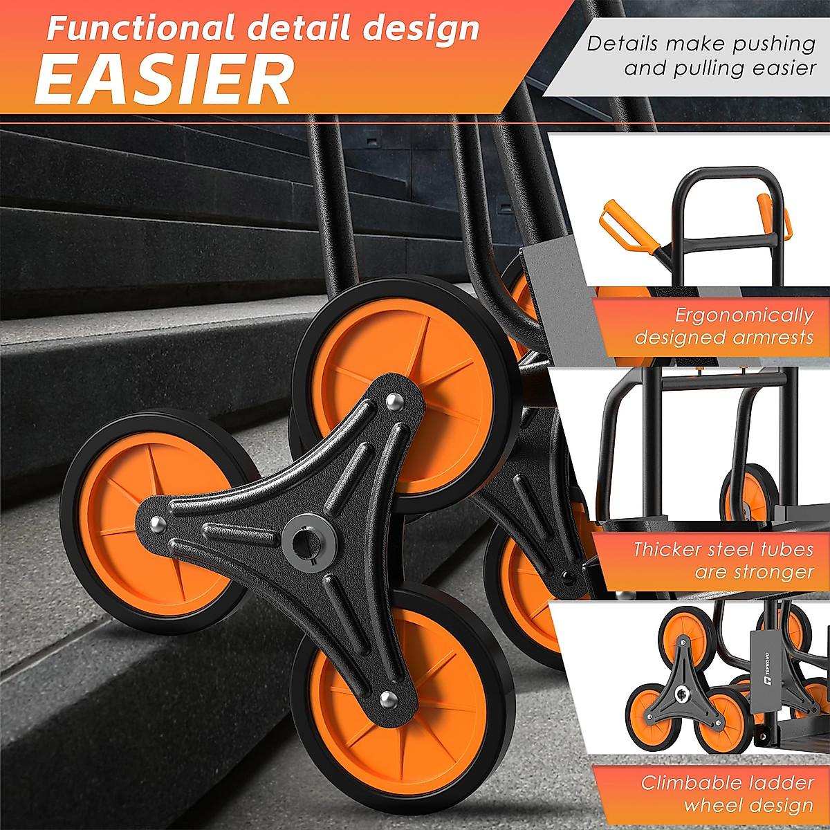 Stair Climbing Hand Truck 440lb，Heavy Duty Dolly Cart for Stairs，Thickened Upgraded Steel Tube Folding Stair Climbing Trolley with Six Wheels and Telescoping Handle