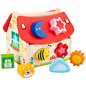 New Classic Toys Wooden Shape Sorter House Educational Toys and Color Perception Toy for Preschool Age Toddlers Boys Girls Multi Color Shape Sorting House