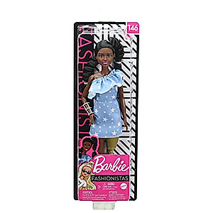 Barbie Fashionistas Doll #146 with 2 Twisted Braids & Prosthetic Leg Wearing Star-Print Dress, White Shoes & Arm Bracelet, Toy for Kids 3 to 8 Years Old