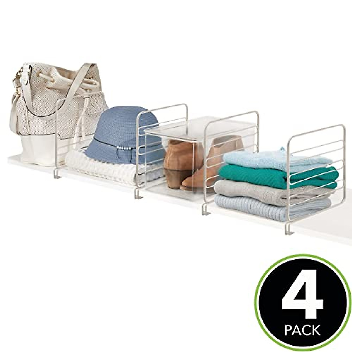 mDesign Versatile Metal Wire Closet Shelf Divider and Separator for Storage and Organization in Bedroom, Bathroom, Kitchen and Office Shelves - Easy Install - 4 Pack - Satin