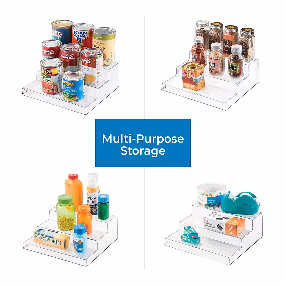 iDesign Recycled Plastic 3-Tier Stadium Spice Rack Kitchen, Fridge, Freezer, Pantry and Cabinet Organization, The Linus Collection, 8.8" x 10.1" x 3.5”, Clear