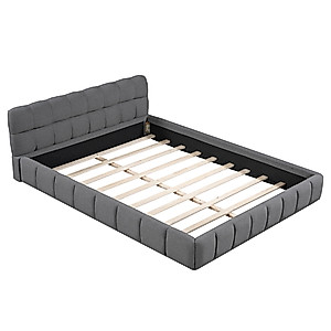 DNYN Queen Size Upholstered Platform Bed with Thick Fabric for Kids/Adults,Solid Wood Bedframe w/Wood Slat Support & Easy Assembly & No Box Spring Needed,Perfect for Dorm,Bedroom,Guest Room, Gray
