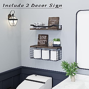 Floating Shelves with 2 Bathroom Wall Décor Sign, Bathroom Decor Sets Bathroom Wall Shelves Over Toilet with Paper Storage Basket, Wood Shelves for Wall Decor with Guardrail-Paulownia
