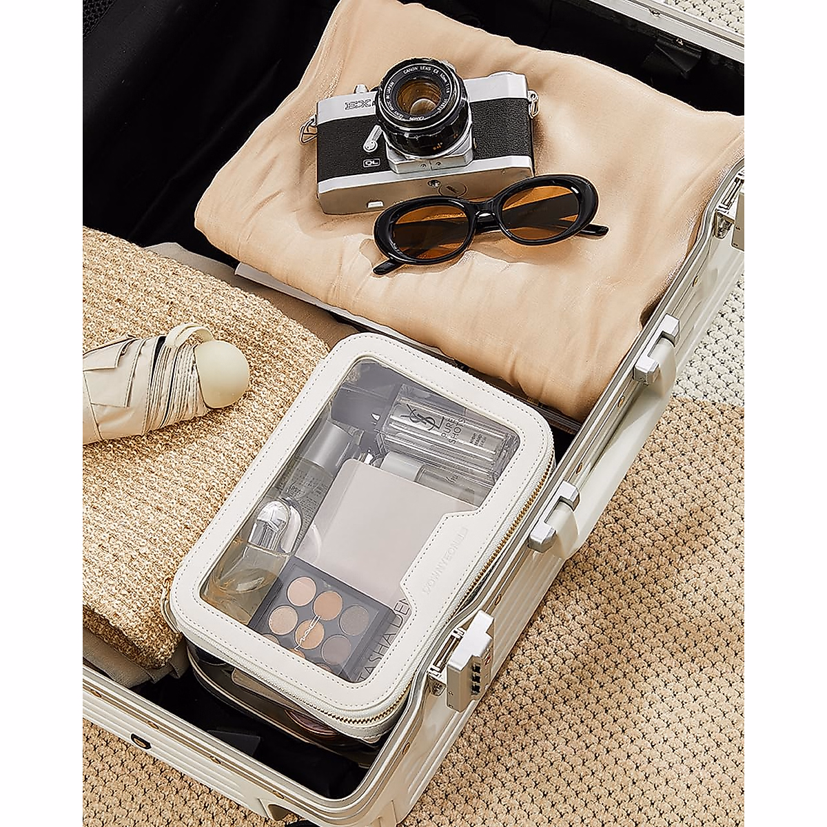 Rownyeon Clear Makeup Case Toiletry Bag Multipurpose Travel Makeup Train Case Portable Cosmetic Organizer Transparent Storage Bag White