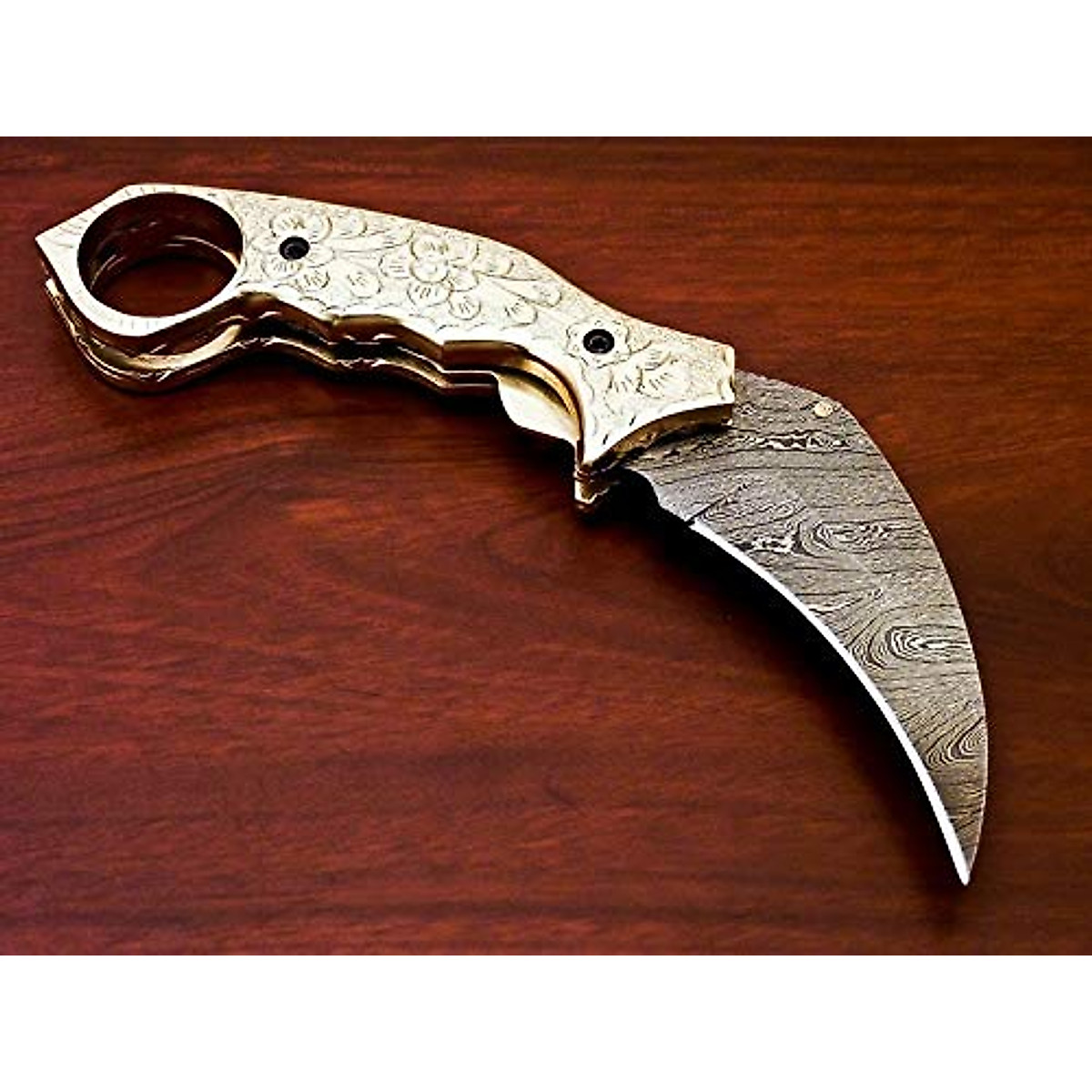 Handmade Damascus Folding Pocket Knife Karambit Knife Hunting Knife Handle Brass Steel Folding with Leather Sheath 1083