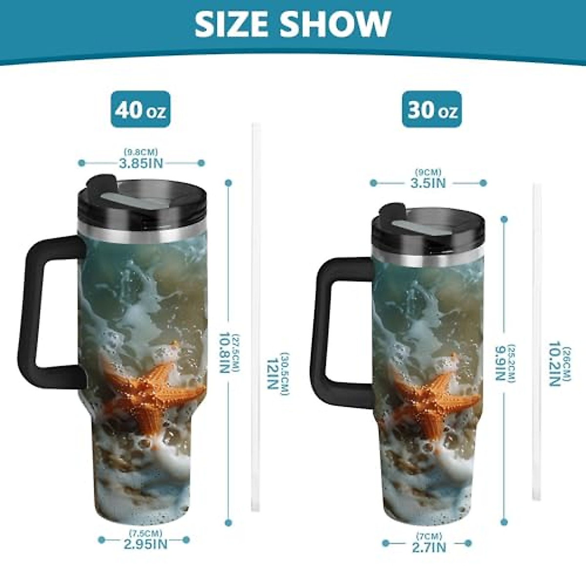 FRCSDIY Beach Shells Insulated Tumbler with Handle and Straw Lid,40oz Leakproof Stainless Steel Cup BPA-Free Water Bottle