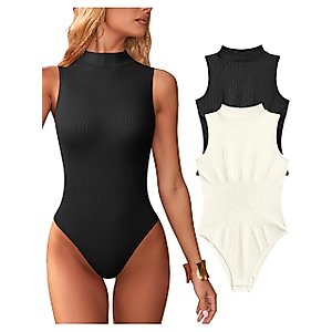 OQQ Women's 2 Piece Sexy Ribbed Sleeveless High Neck Tank Top BodySuit, Black,beige, Small
