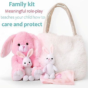 Perfectto Bundle: 2 Stuffed Animal Play Sets for Girls. Unicorn Baby Mommy Bag and Blanket Plus Bunny Mommy, 2 Baby Rabbit Toys, Bag and Doll Blanket. Plush Gift Age 3-8