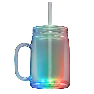FlashingBlinkyLights Set of 4 Mason Jar Light Up Mugs, Multicolor LED Travel Cup with Straw