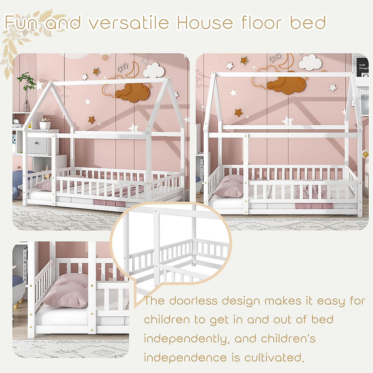 Full Size House Floor Bed Wooden Montessori Bed with Fence and Roof for Kids Playhouse Style Bed Frame for Girls Boys Teens, White