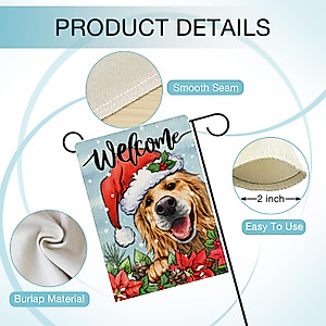 Hzppyz Welcome Christmas Golden Retriever Dog Garden Flag, Xmas Puppy Santa Hat Poinsettia Pine Cone Decorative Yard Outdoor Home Small Decor, Winter Holiday Farmhouse Outside House Decoration 12 x 18