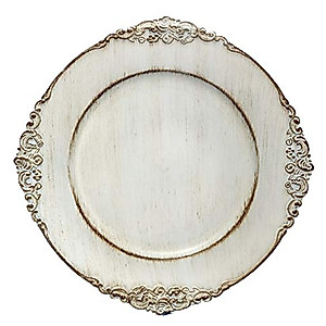 Tiger Chef 4-Piece 13-inch Royal Antiqued White Round Vintage Dinner Charger For Plates, Wedding Reception Chargers Plate Chargers For Table Settings Disposable Hard Round Charger Plates