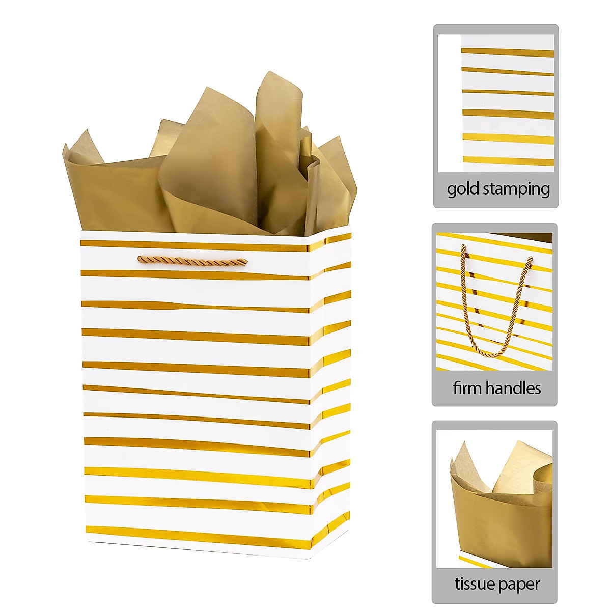 Nihuecne 9" Gift Bags Medium Size with Tissue Paper, 4 Pack White Gold Wrap Paper Gift Bags with Handles for Shopping Parties Wedding Baby Shower Holiday Presents 4 Designs