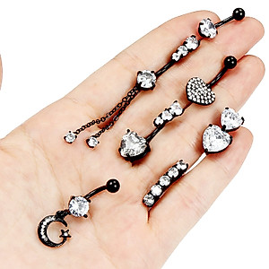 Vsnnsns 14G Belly Button Rings Belly Rings for Women Stainless Steel Belly Piercing Jewelry Surgical Steel Dangle Belly Button Rings Curved Navel Ring Barbell Heart CZ Body Jewelry Piercing Black