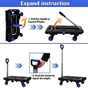 XCBYT 2 in 1 Folding Hand Truck Dolly Cart with Basket Heavy Duty 330 LBS Utility Foldable Dolly Platform Trucks with 4 Wheels & 2 Elastic Ropes Retractable Handle for Moving
