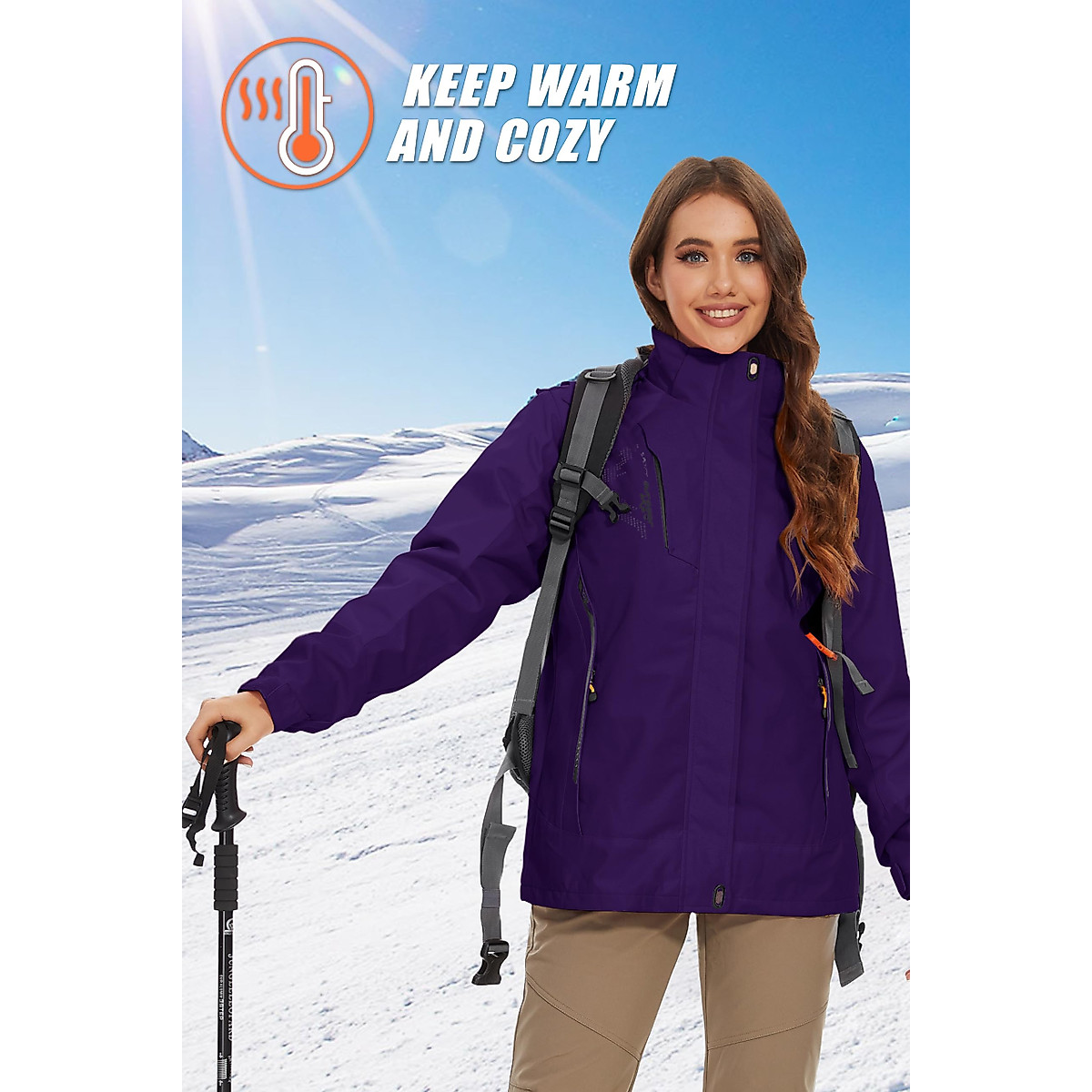 MAGCOMSEN Winter Coats for Women Winter Jacket Women Snowboard Jacket 3 In 1 Jacket Waterproof Insulated Skiing Jacket Dark Purple M