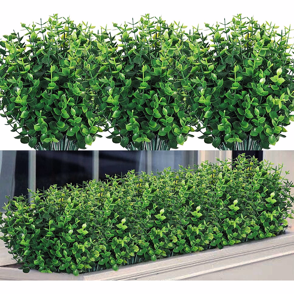 Ouddy Decor 8 Bundles Artificial Greenery Stems Fake Plants Outdoor UV Resistant Faux Plastic Boxwood for Kitchen Office Garden Porch Farmhouse Window Box Home Decor