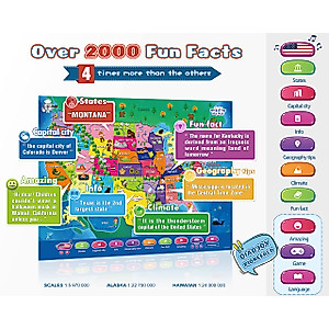 Qiaojoy Bilingual Interactive Map for Kids Talking USA Map for Kids Learning Geography Toys Games Ages 3 to 12 Educational Electronic USA Map i-Poster Gift for 4 5 6 7 8 9 10 Year Old Girls Boys