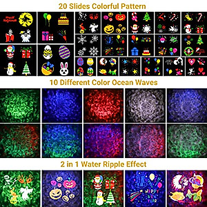 Christmas Holiday LED Projector Lights，Waterproof 3D Ocean Wave & 20 Patterns Double Projection Light with Remote for Birthday Party Garden Decorations