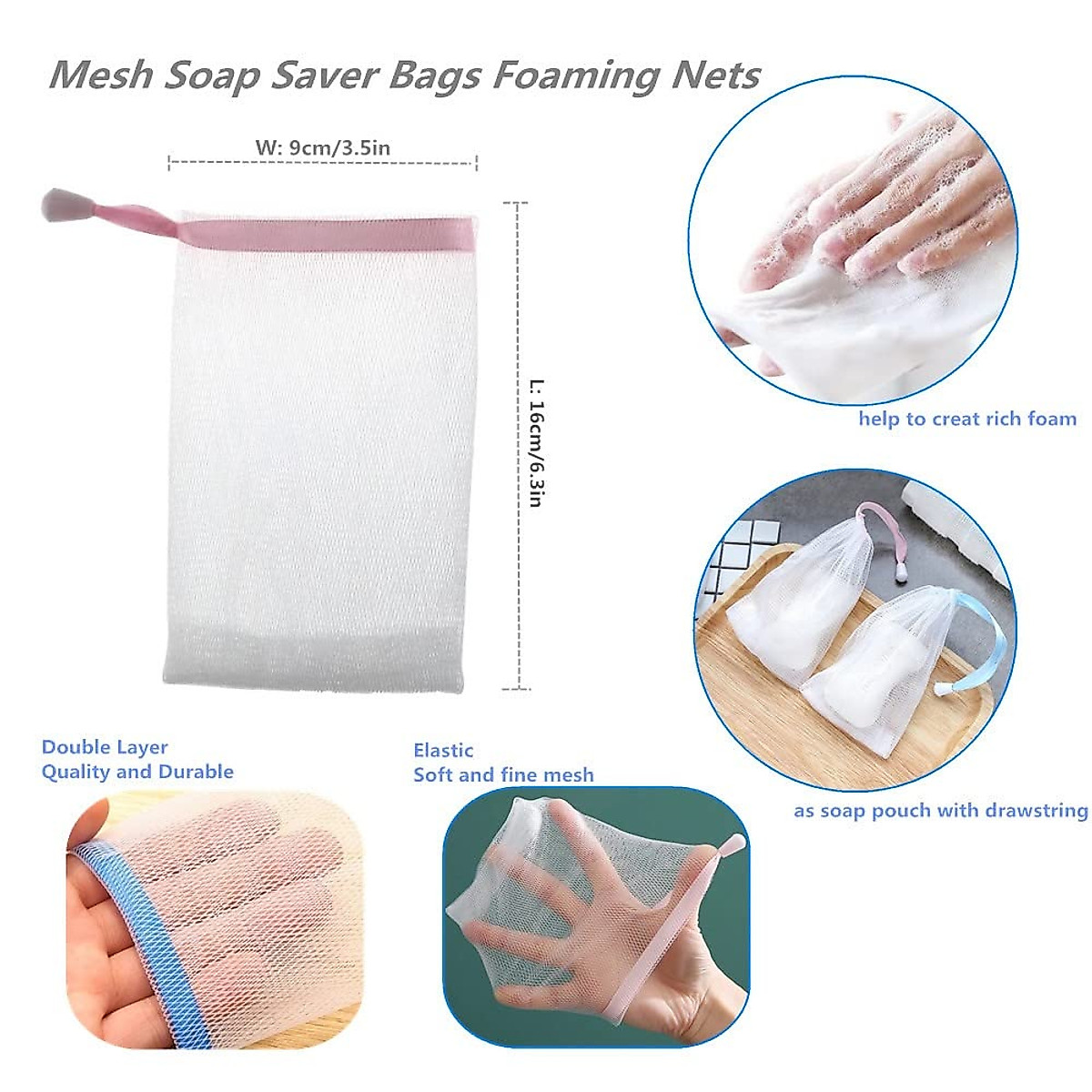 FULINJOY 10 PCS Exfoliating Mesh Soap Saver Pouch Bag Sack, Face Cleansing Foaming Nets, White Pouch with Drawstring (Color Random)