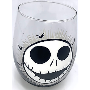 Disney Tim Burton’s The Nightmare Before Christmas Jack Skellington Face 20 Ounce Stemless Wine Glass with Glitter Base - Official Kitchen Collectible Novelty Drinkware Gifts
