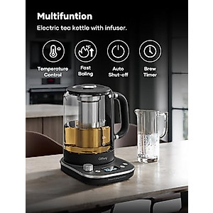 Offacy Electric Tea Kettle, 1.6L 1200W Fast Heating 9 Smart Presets with Removable Infuser Temperature Control 2H Keep Warm, BPA-Free Glass Teapot for Coffee, Boil-dry Protect, Easy to Clean, Black