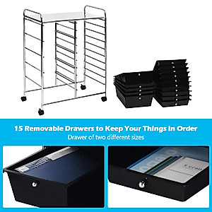 GOFLAME 15-Drawer Rolling Storage Cart, Multipurpose Movable Organizer Cart, Utility Cart for Home, Office, School, Black