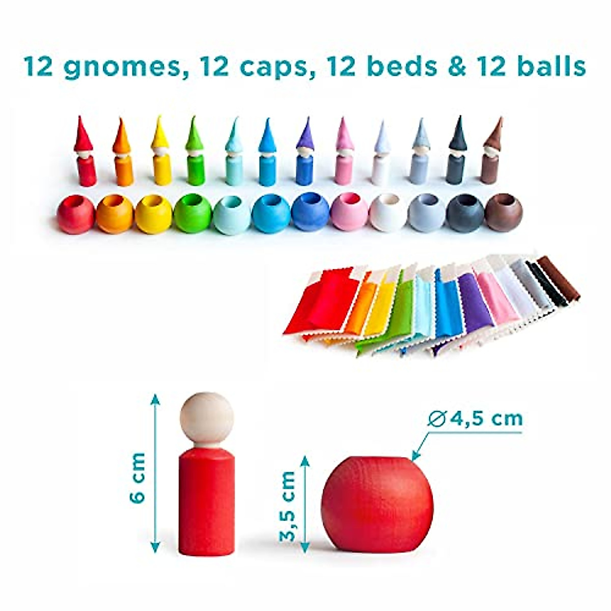 Ulanik Peg Dolls in Balls with Hats & Beds Toddler Montessori Toys for 3 Year Old + Wooden Waldorf Dolls for Learning Color Sorting & Counting — 12 Gnomes, 2 in