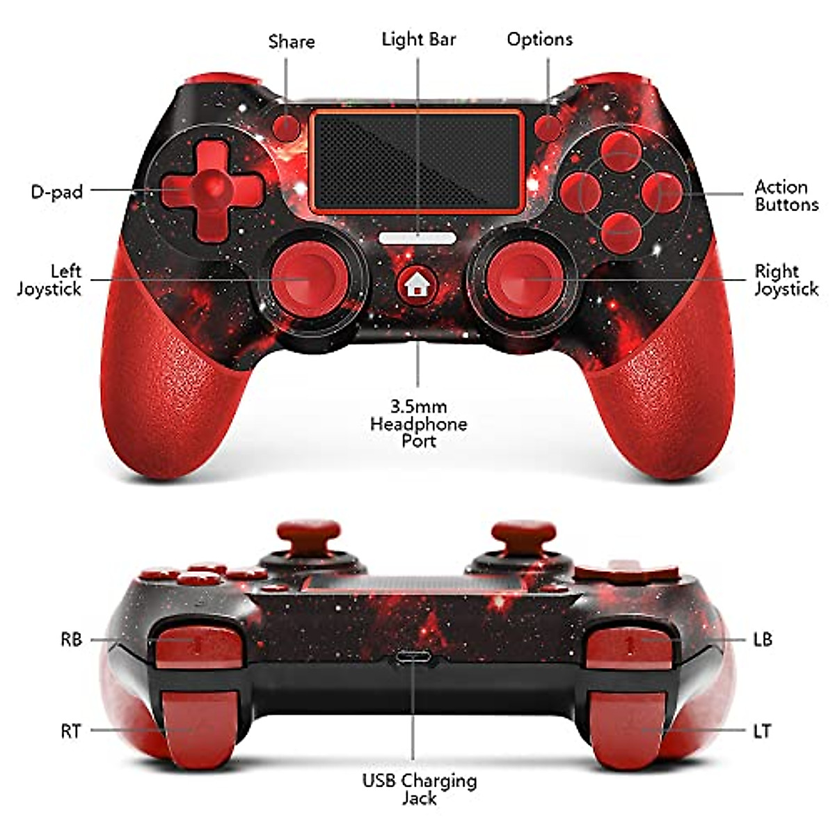 AceGamer Wireless Game Controller for PS4, Custom Red Universe Design with Anti-Slip Grip,Compatible with PS4/Slim/Pro/PC with Double Vibration/6-Axis Motion Sensor/Audio Function
