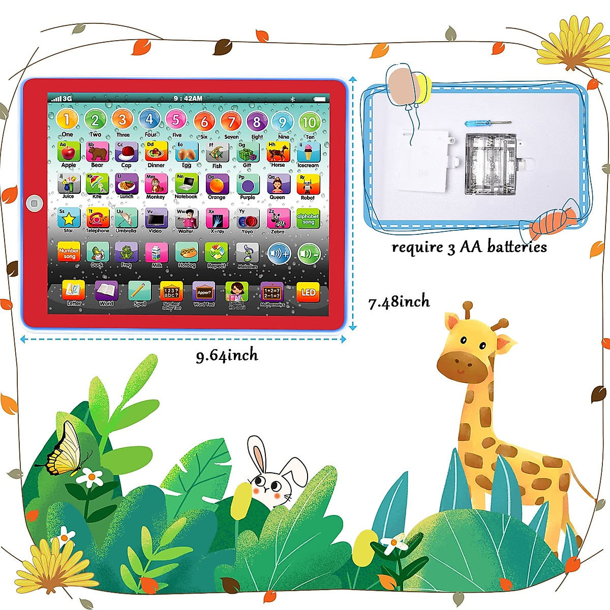 SPOGENN Learning Tablet Educational Touch Pad for Fun Learn Number ABCs Spelling Animal Green