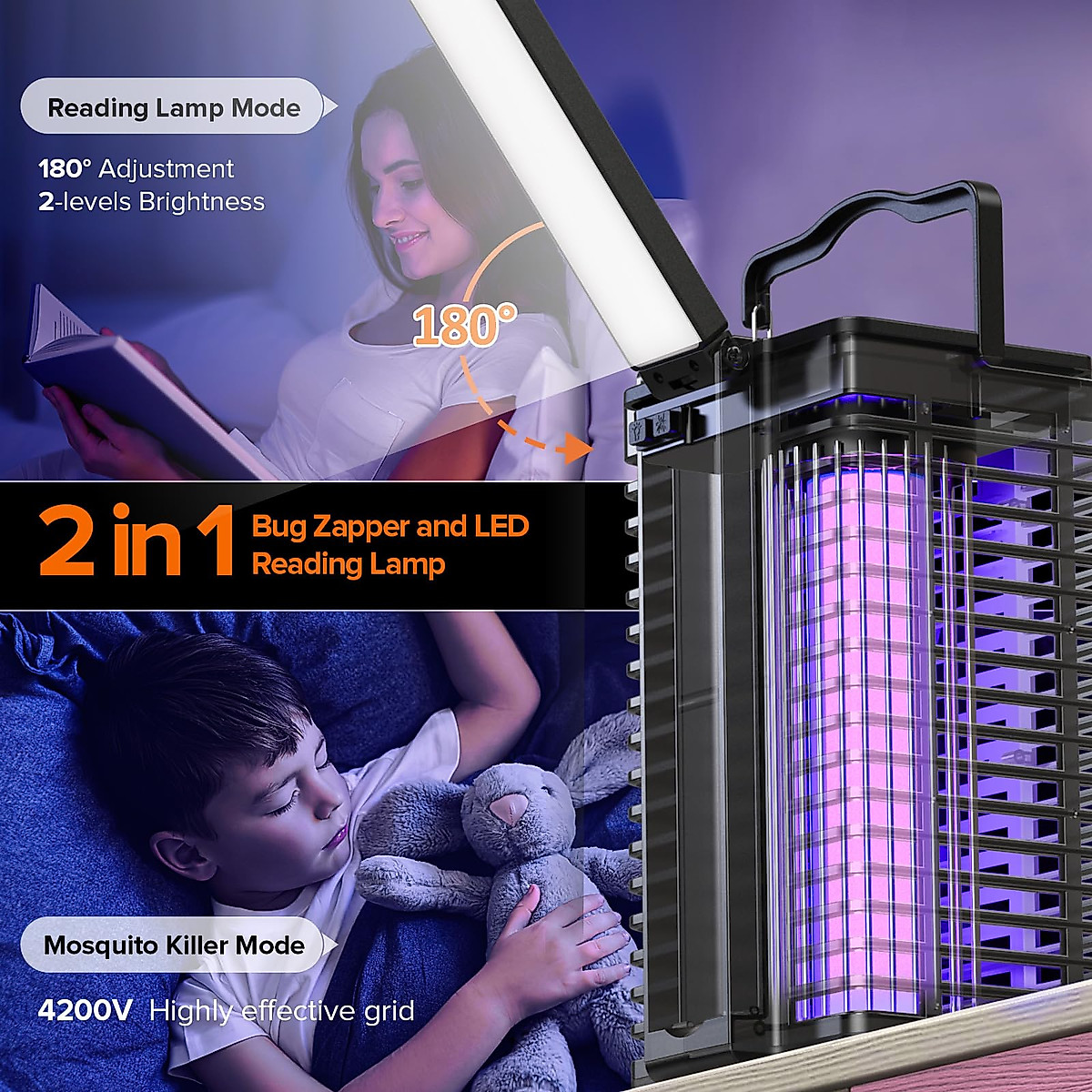 Solar Bug Zapper for Outdoor Indoor, Cordless & Rechargeable Mosquito Zapper with Reading Lamp, 4200V High Powered Mosquito Killer Insect Fly Trap 4000mAh Battery for Home, Patio, Camping