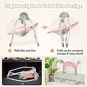 INFANS Baby Swing for Infants, Compact Portable Baby Electric Rocker for Newborn with 5 Speed Natural Sway Music Timing 2 Toys Remote Control, Easy Fold, 0-6 Months Boy Girl (Pink)