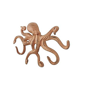 HANDCRAFTED NAUTICAL DÉCOR Rustic Orange Cast Iron Octopus Hook 11"