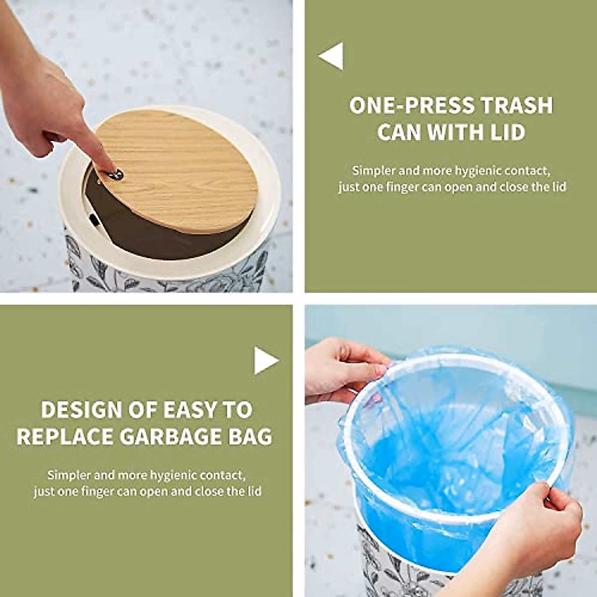 IBPNKFAZ89 Small Trash Can Lid Vintage Seamless Floral Black White Garden Flowers Roses Garbage Bin Wood Waste Bin Press Cover Round Wastebasket Bathroom Kitchen 7L/1.8 Gallon, 8.66x14.3inch