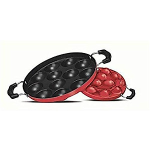 Non-Stick 12 Cavity Appam Patra Paniyarakkal,Nonstick cookware Appam Patra Paniyaram with Stainless Steel Without Lid 12 Cavity (Red with Handle)