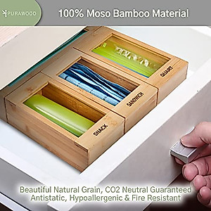 Purawood Ziplock Bag Storage Organizer - Natural Bamboo Organizer to Declutter Your Kitchen – Easy & Efficient Ziplock Bag Organizer - Plastic Bag Holder Compatible with all Brands (4-Pack)