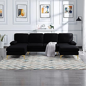 SONGG 107.9” U Shaped Sectional Sofa with Double Extra Wide Chaise, w/Removable Back & Seat Cushions, for Living Room, Office, Apartment, Black