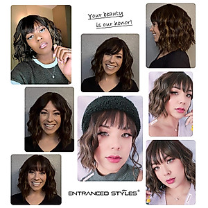 ENTRANCED STYLES Dark Brown Wigs for Women, Blonde Highlights Wig Natural Looking Short Wavy Bob Wig with bangs Medium Length Heat Resistant Synthetic Wig Daily Party Use 12”
