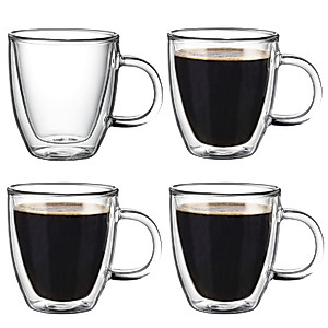 YUNCANG 5.5 oz Espresso Mugs (Set of 4), Double Wall Glass Coffee Cups with Handle Insulated Glasses Espresso Mugs